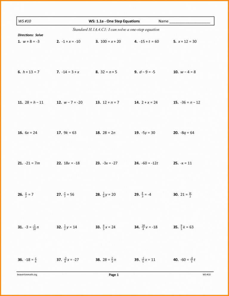 1 Step Equations Worksheet Pdf – Printable PDF Template