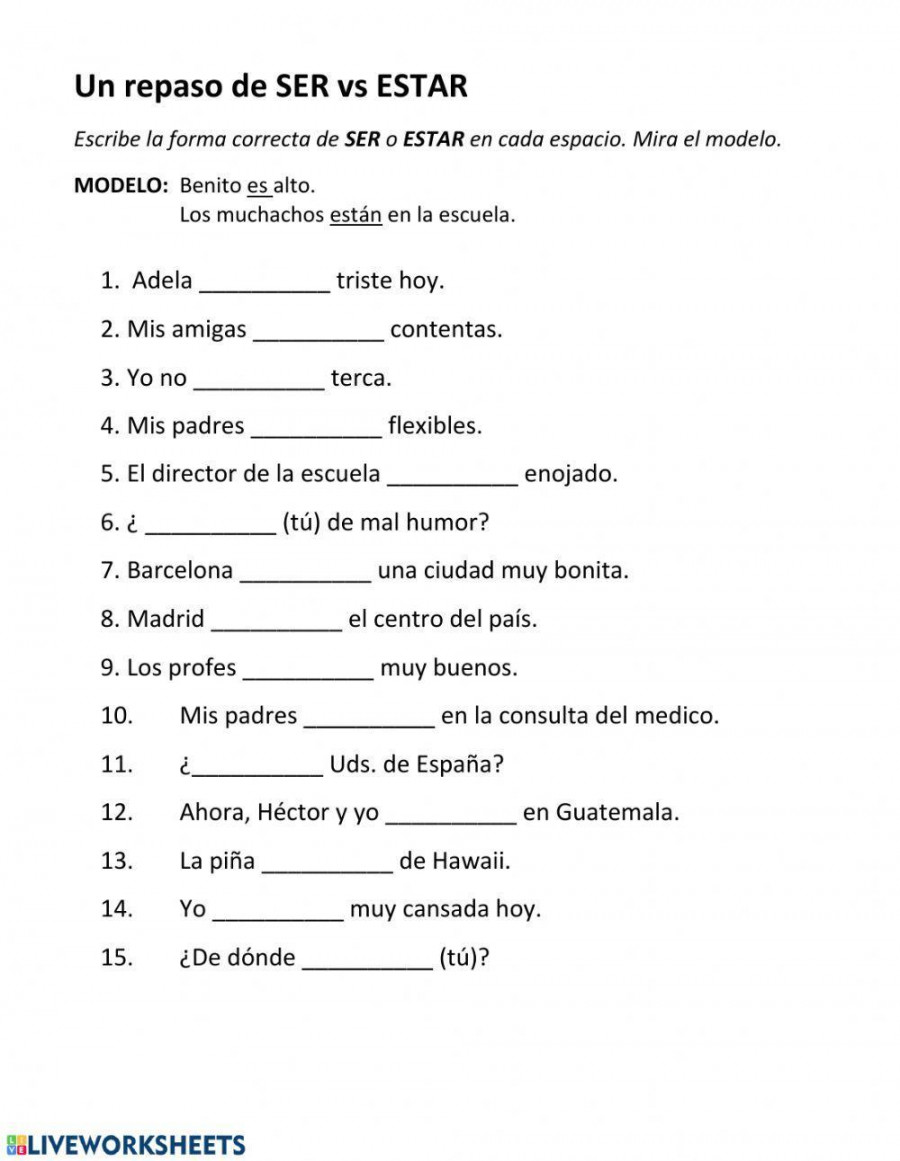 Ser Vs Estar Worksheet Ser Vs Estar Worksheet