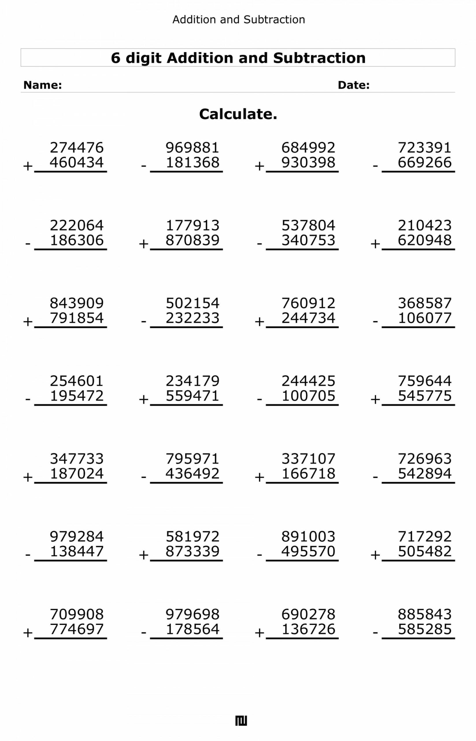 6 Digit Addition And Subtraction Worksheet 6 Digit Addition And Subtraction Worksheet