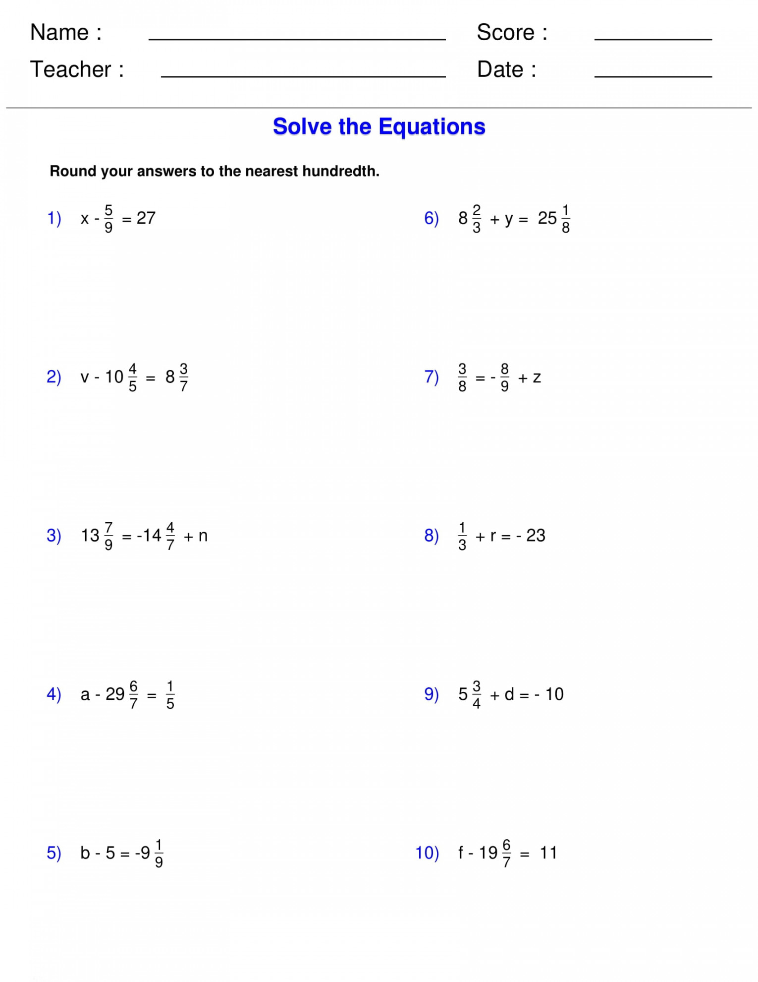 One Step Equations With Fractions Worksheet One Step Equations With Fractions Worksheet