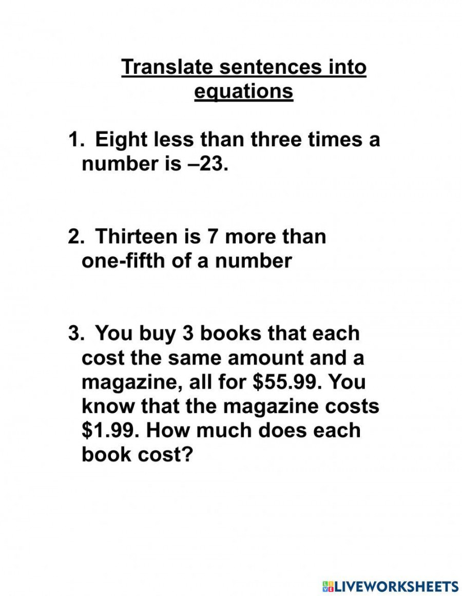 Translating Sentences Into Equations Worksheet Pdf Translating Sentences Into Equations Worksheet Pdf
