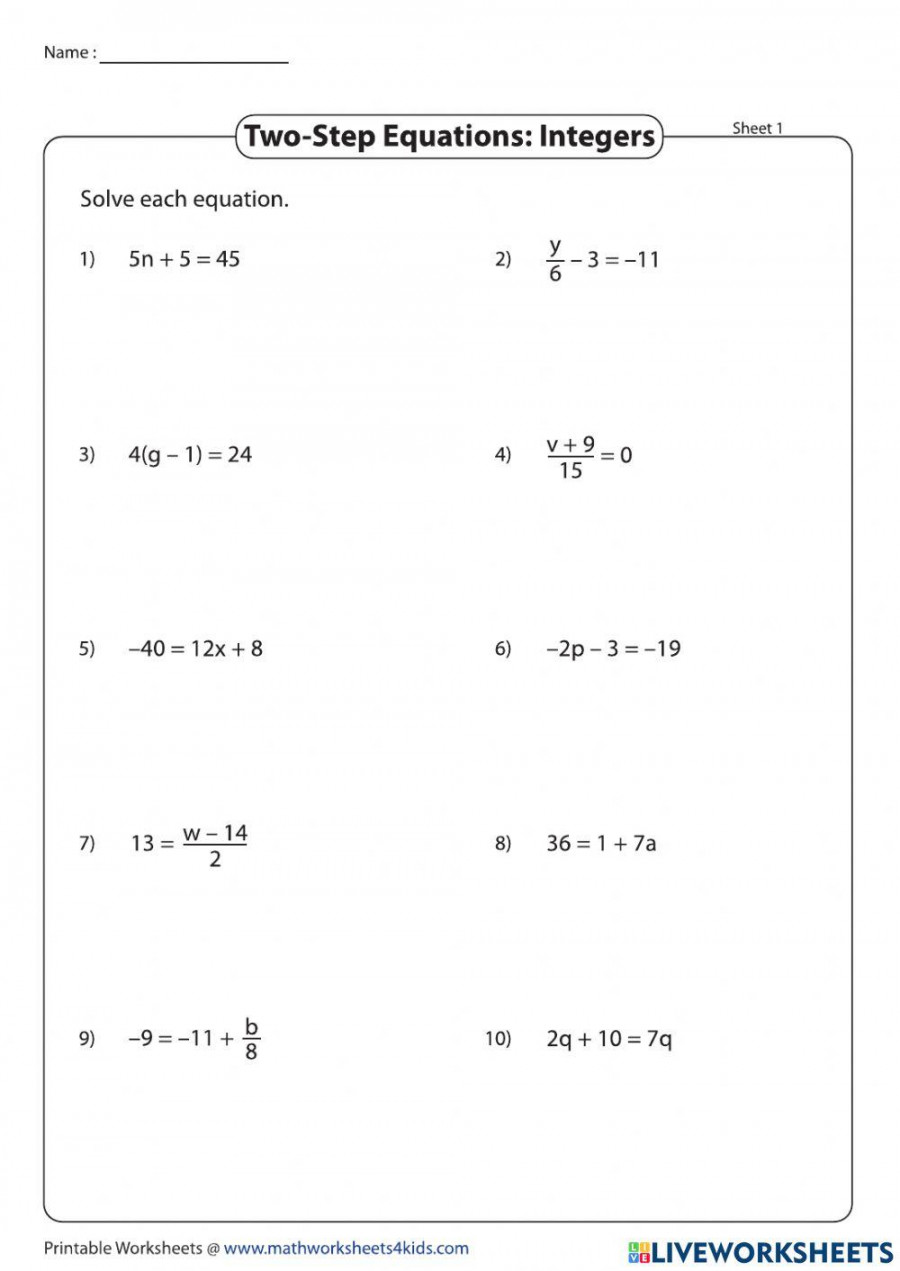 Two Step Equations Integers Worksheet Two Step Equations Integers Worksheet
