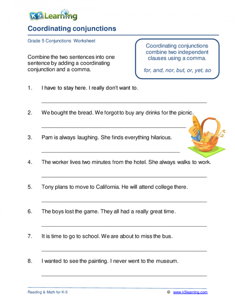 Conjunctions Worksheet Grade 5 – Printable PDF Template