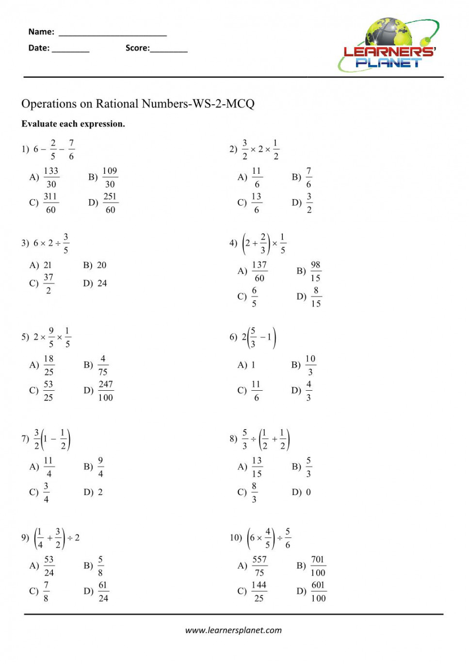 Rational Numbers Worksheet Grade 7 Rational Numbers Worksheet Grade 7