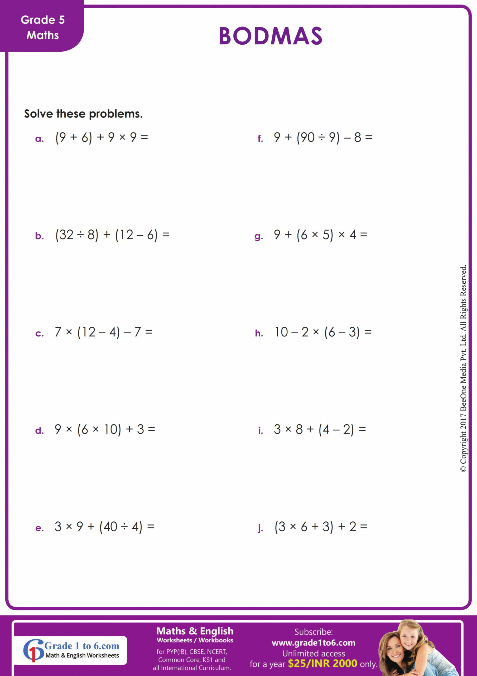 Bodmas Worksheet Year 6 Printable PDF Template