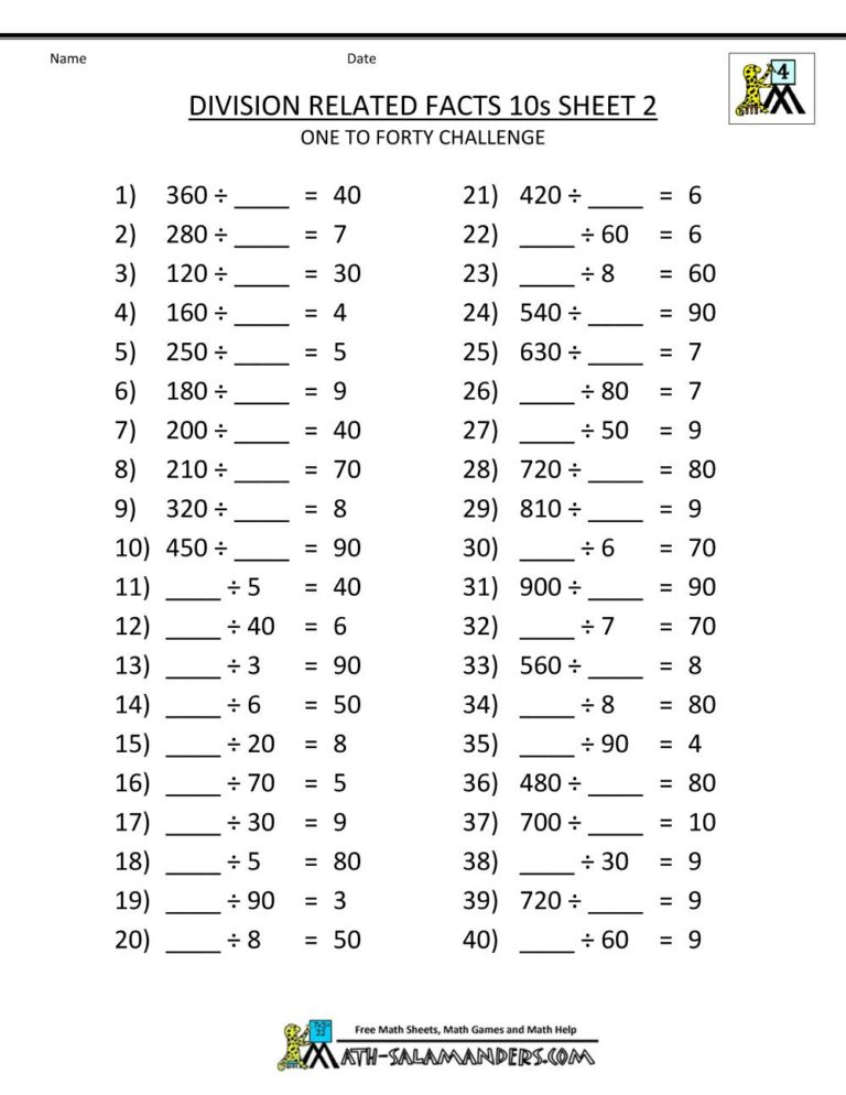 Math Worksheets Division Equations – Printable PDF Template